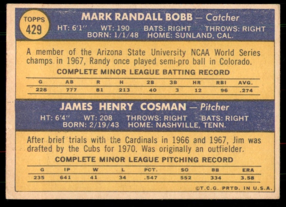 1970 TOPPS CUBS ROOKIES BOBB/ COSMAN RC CHICAGO CUBS #429 VG/EX Print ...
