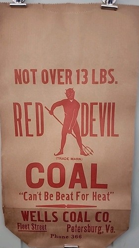 1950s Vintage RED DEVIL Coal Petersburg, VA Sack Paper Bag, Wells Coal ...