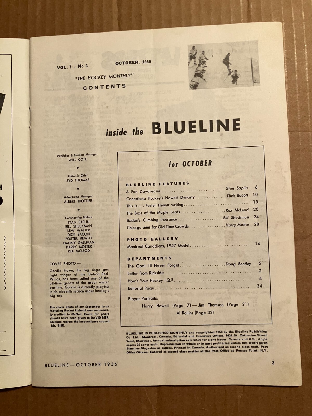 1956 BLUELINE THE ORIGINAL NHL HOCKEY MONTHLY MAGAZINE, OCT, GORDIE ...