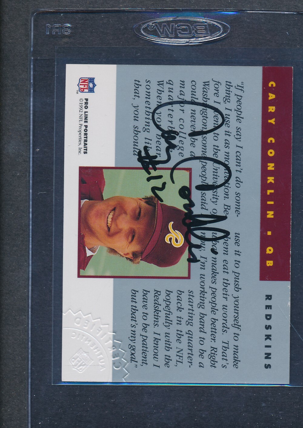 1992 Pro Line Portraits Certified Auto #23 Cary Conklin Redskins *F8413 ...