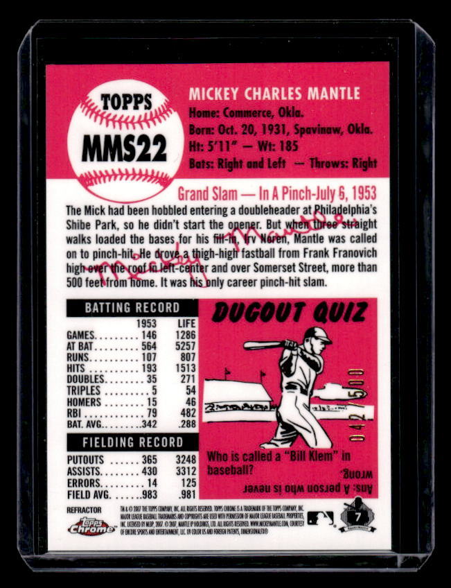 2007 Topps Chrome Mickey Mantle Refractor #MMS22 | eBay
