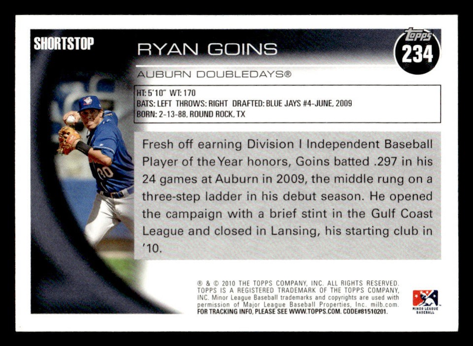Ryan Goins signed auto 2010 Topps Pro Debut #234 Auburn Doubledays | eBay