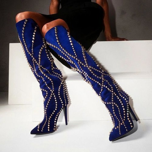 Womens Fashion Sexy Pointy Toe Studs Spikes High Heel Knee High Boots ...