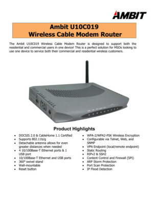 UBEE AMBIT U10C019 WIRELESS DOCSIS 2.0 CABLE MODEM / ROUTER P/N U10C019 ...