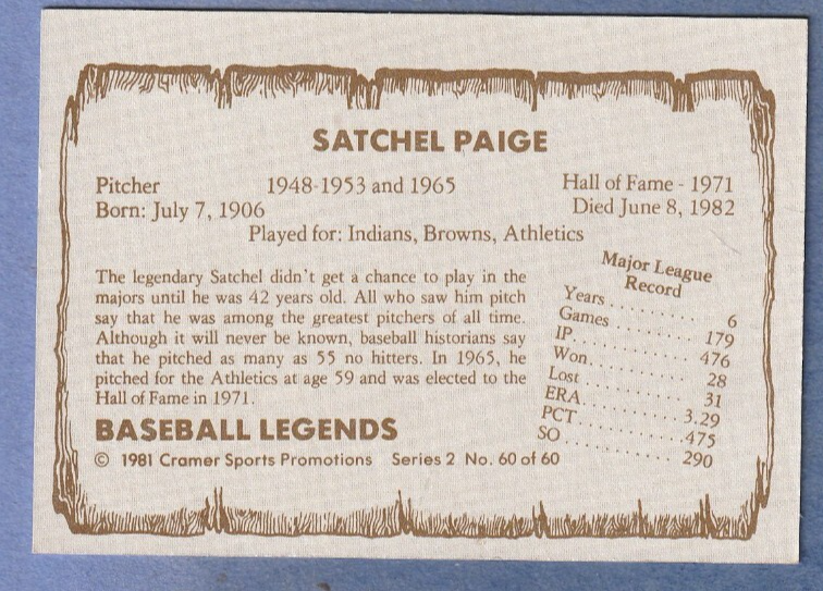 1981 CRAMER SATCHEL PAIGE #17 MINT INDIANS HOFer | eBay