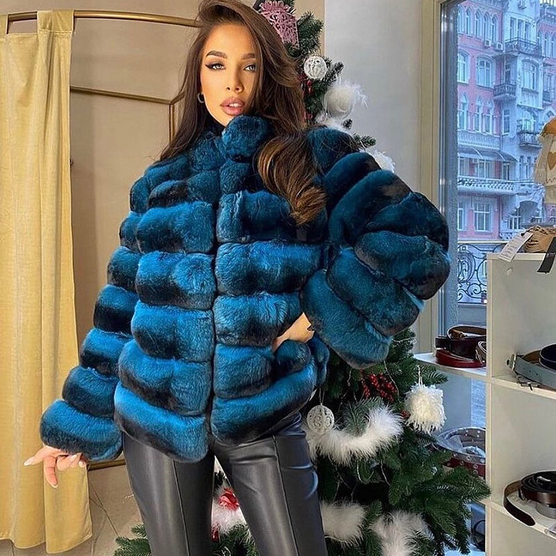 Women's Chinchilla Real Rex Rabbit Fur Coat Stand Collar Warm Jackets ...