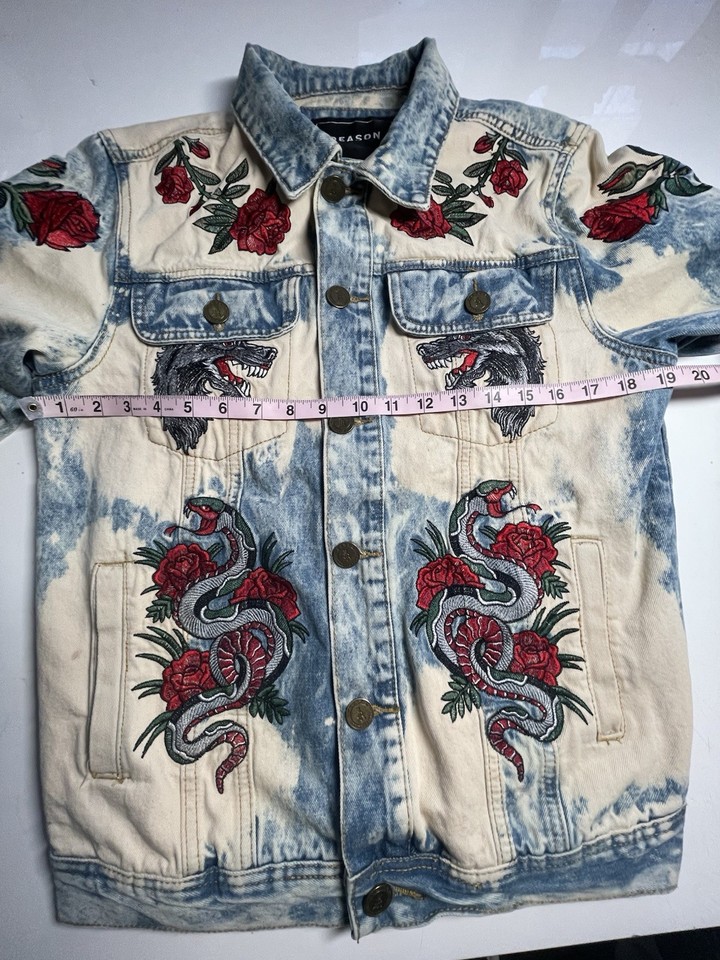 Reason Denim Distressed Jean Jacket Skulls Snakes Roses Wolves Patches ...