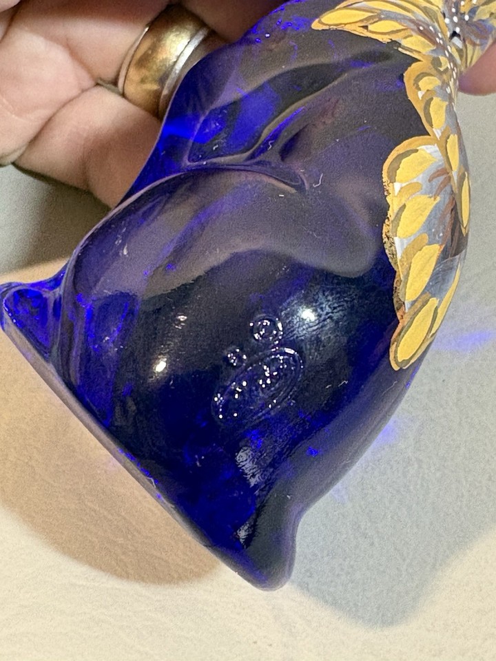 Fenton Cat Glass Figurine Cobalt Blue Hand Painted Gold Leaves Signed ...