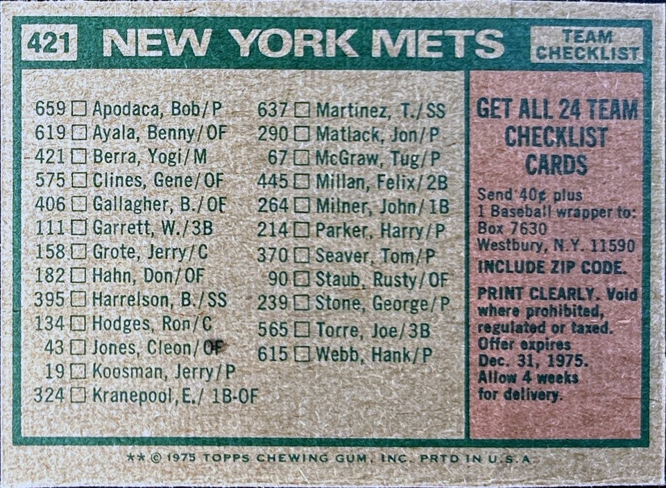 1975 Topps - Mets Team Checklist - Yogi Berra #421 | eBay