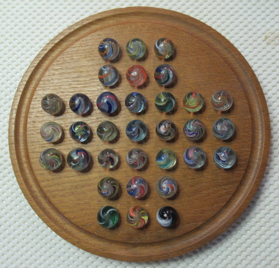 Solitaire Board w/33 Assorted Antique German Hand-Made Glass Marbles ...