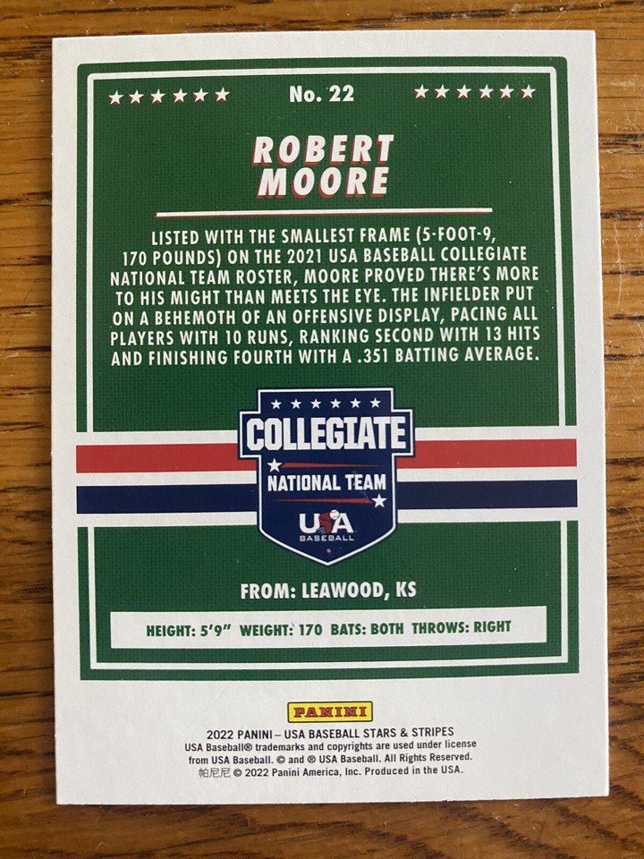 Robert Moore Signed 2022 USA Baseball Stars & Stripes Card (Arkansas ...
