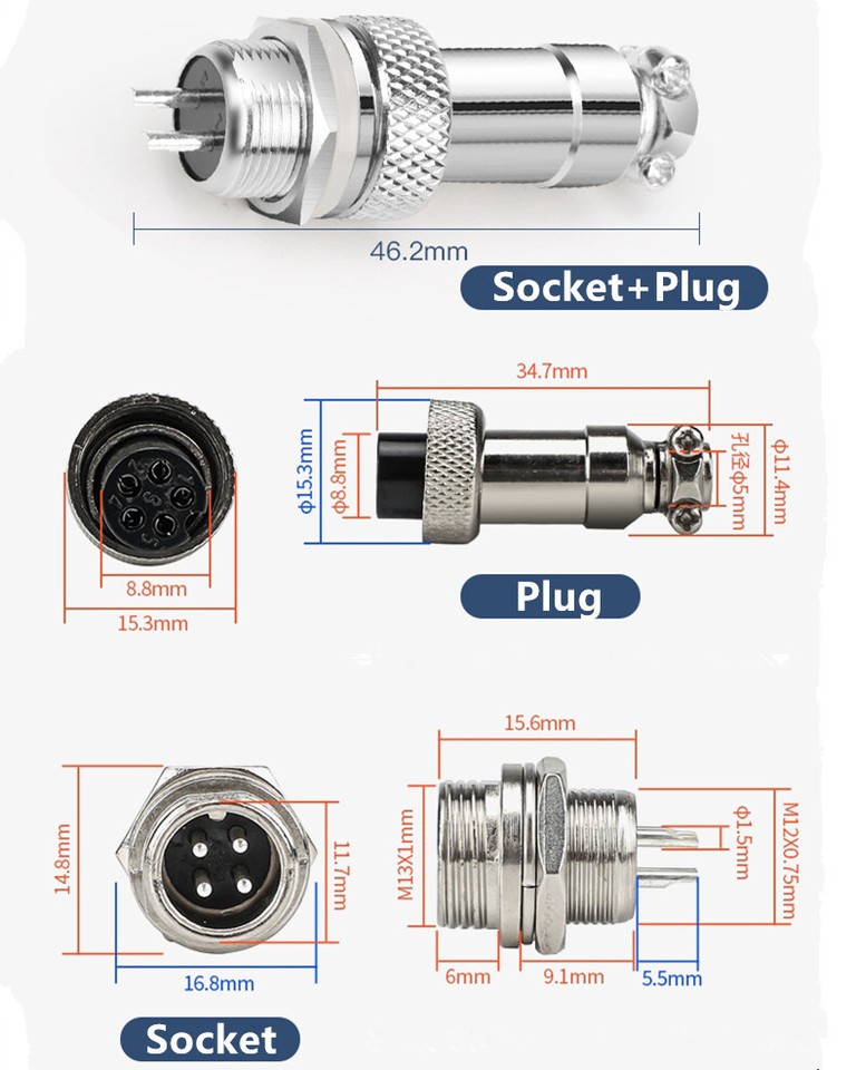 GX12 Aviation Plug + Socket Cable Connector panel mount 2-7 pin M12 ...