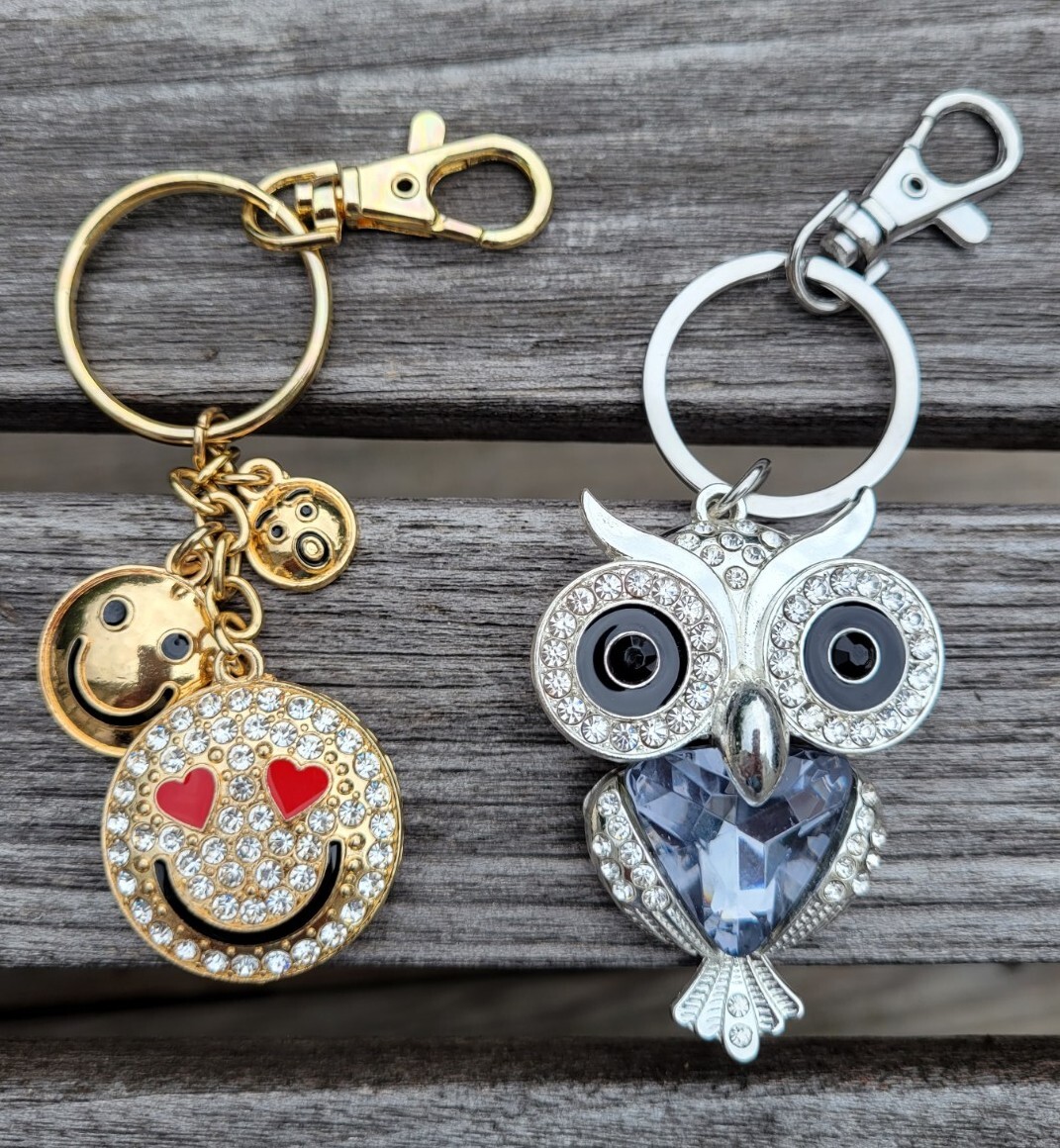 NOS Silver Toned Owl Smiley Face Key-chain Bag Charm with White ...