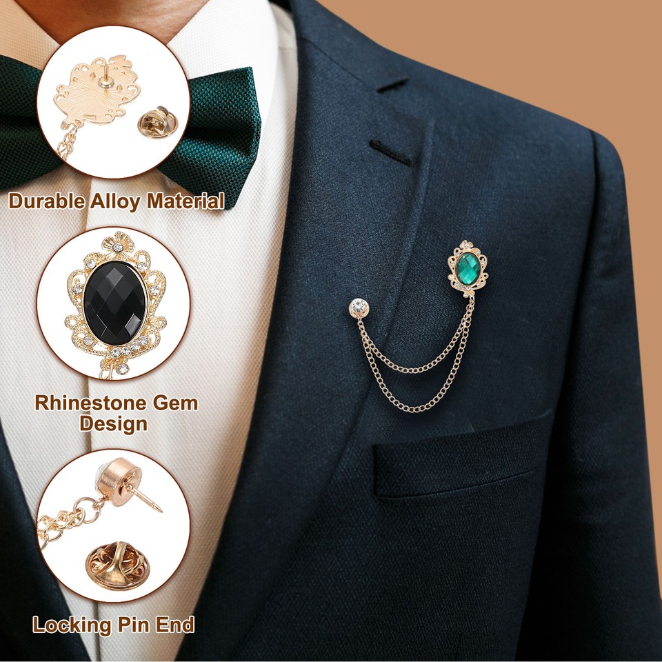 Gem Hanging Chain Brooch Pins, Men's Gem Brooch Suit Pins, Gold Tone ...