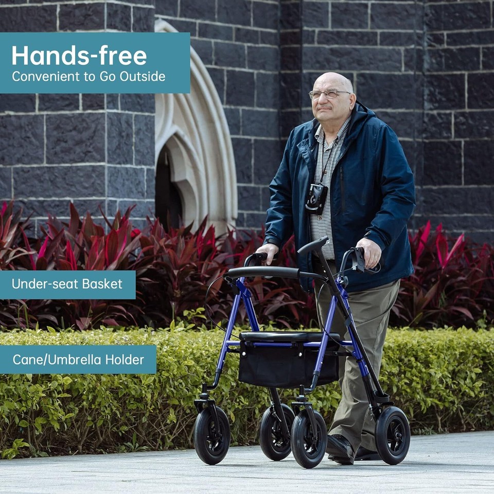 All-Terrain Rollator Walker with 10” Rubber Wheels, Padded Seat ...