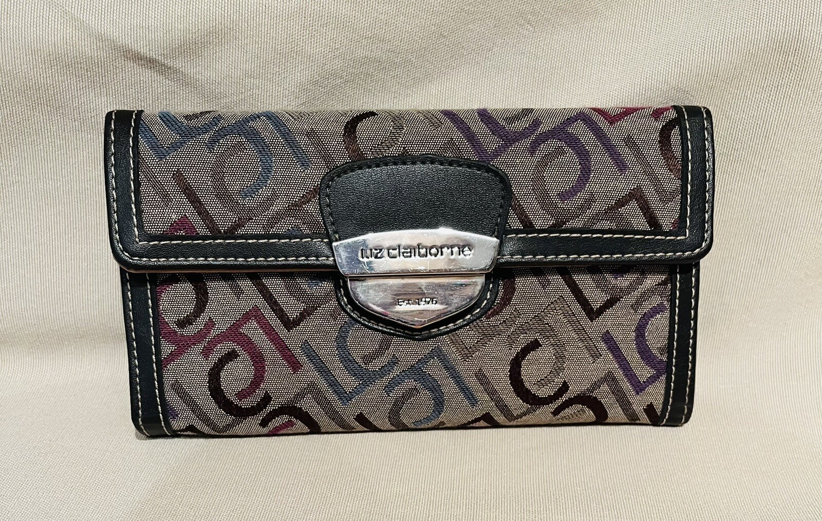 Liz Claiborne Signature Fabric Tri-Fold Wallet Women Leather Trim Black ...