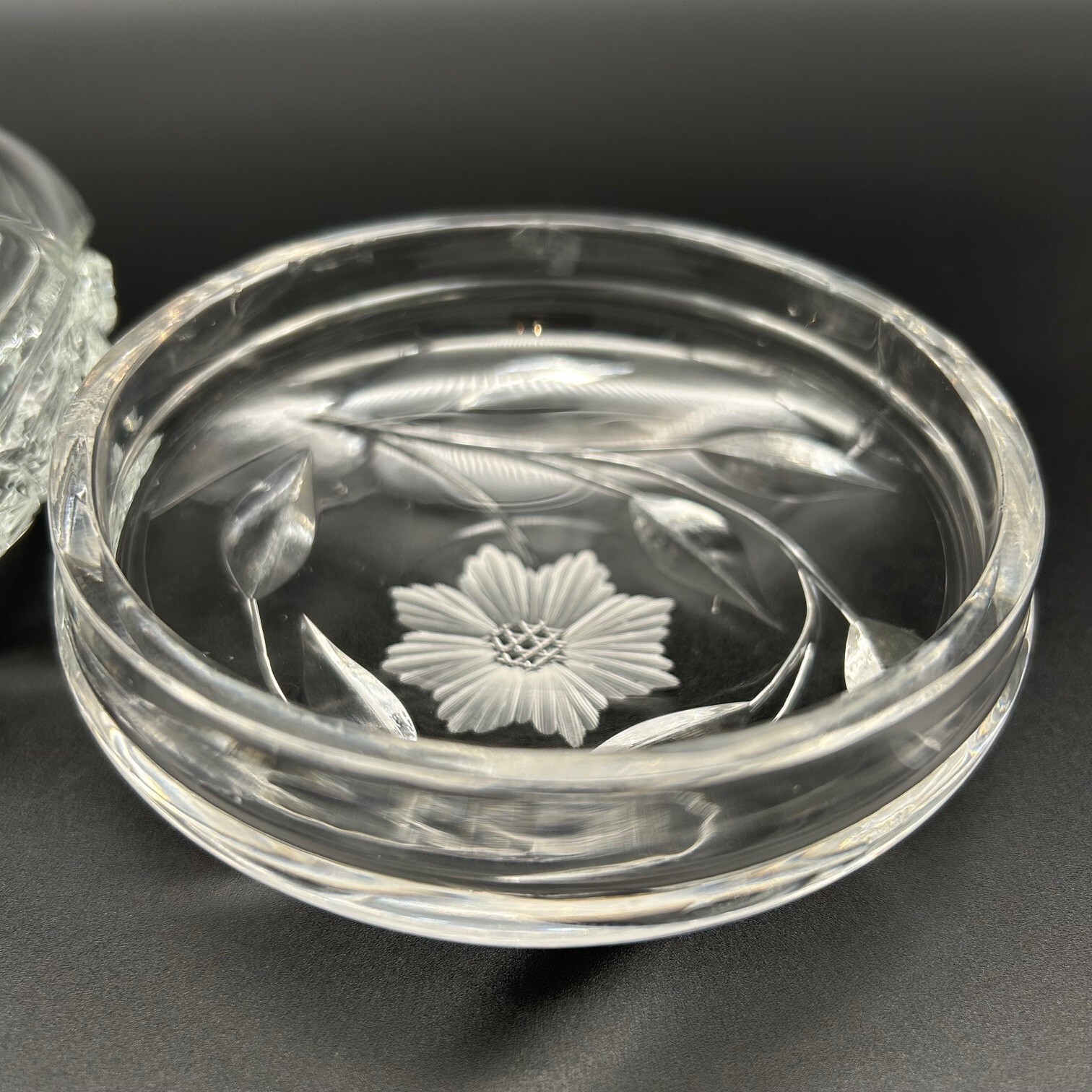 American Brilliant Cut Glass Vanity Puff Jar with Lid Wheel Flowers ...