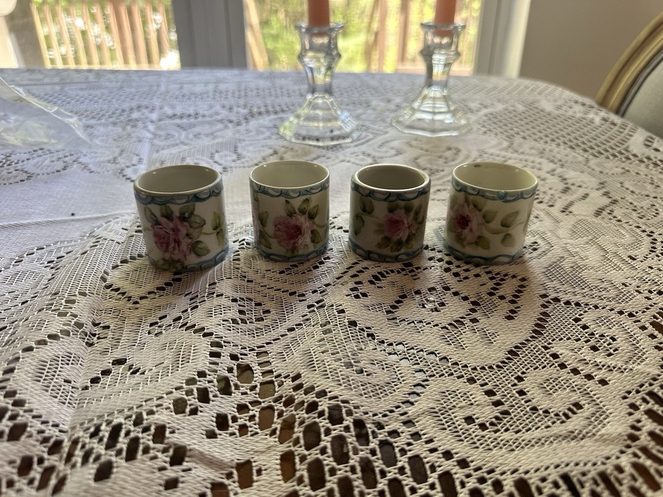 Vintage Bone China Napkin Rings White & Pink Floral Set Of 4 Porcelain ...