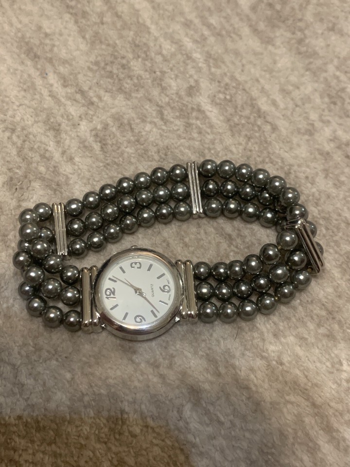 AVON Tri Color Faux Pearl Rhinestones Heart Necklace Watch Bracelet ...