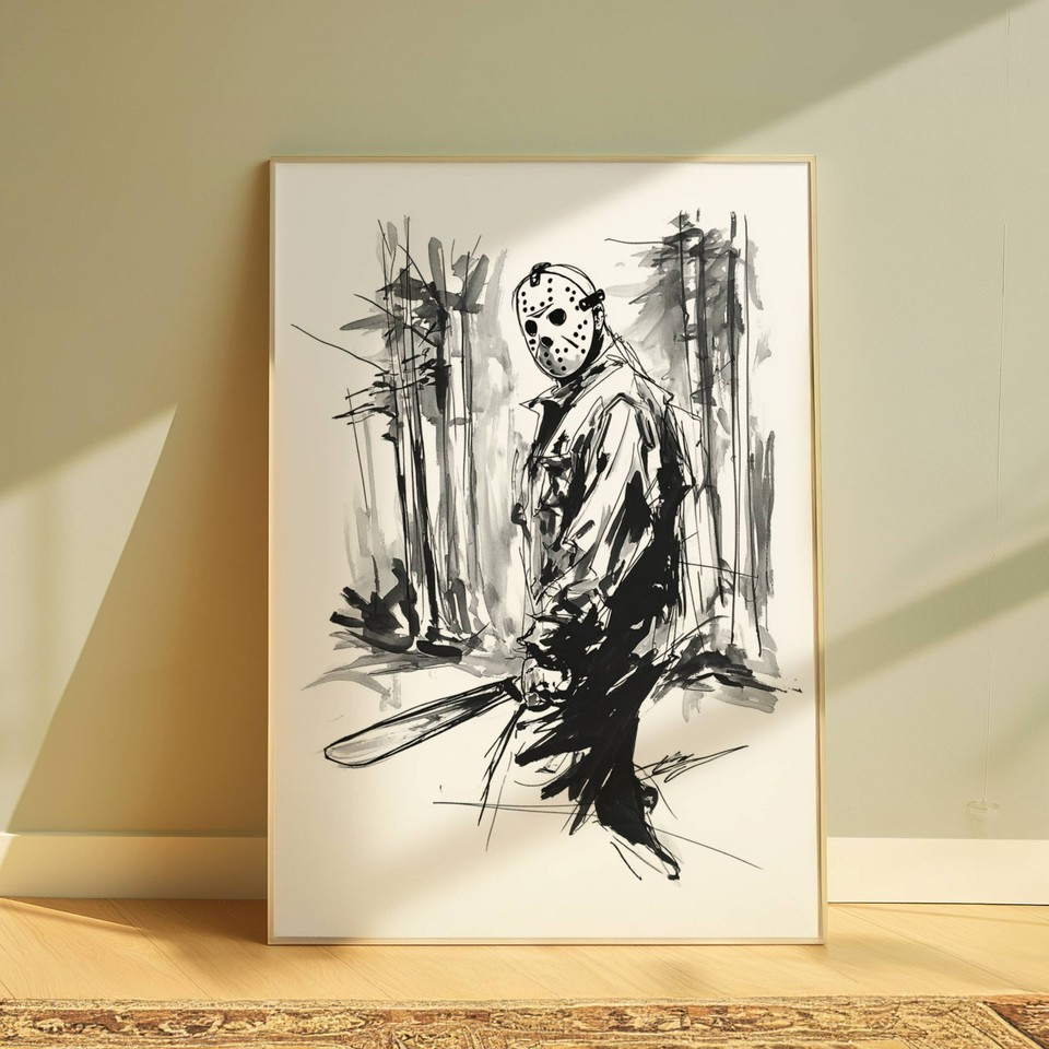 JASON VOORHEES INK DRAWING PRINT SKETCH 8" x 10" FRIDAY THE 13TH HORROR ...