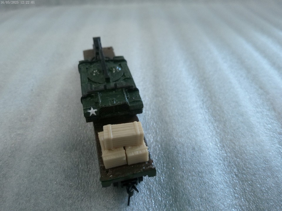 N Scale Military flatcar with bridge vehichle and gondola railcar with ...