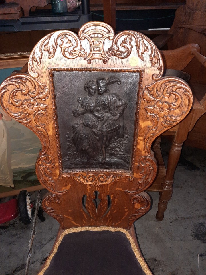 Tigers Oak 1800s Antique Chair Embossed Leather Courting Couple Panel ...