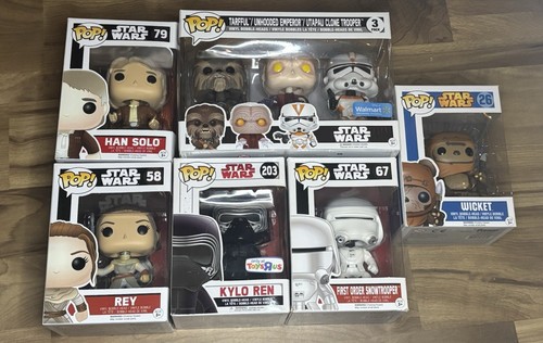 Star Wars Funko POP Lot Of 6 Han Solo Rey Kylo Ren Wicket Snowtrooper 3 ...