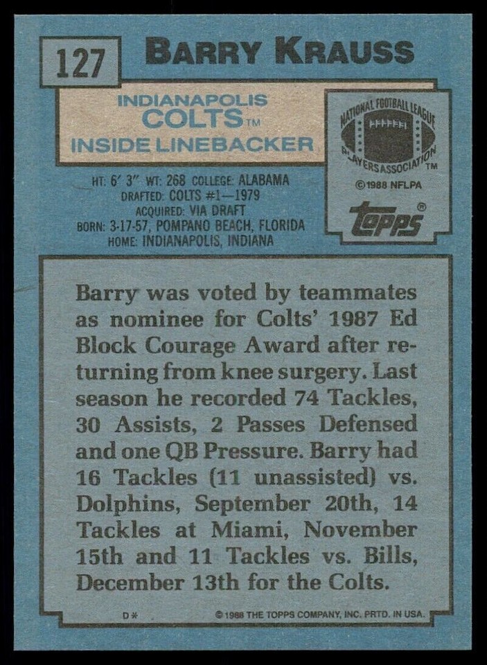 1988 TOPPS NFL Football Trading Card #127 🏈 BARRY KRAUSS, Indianapolis ...