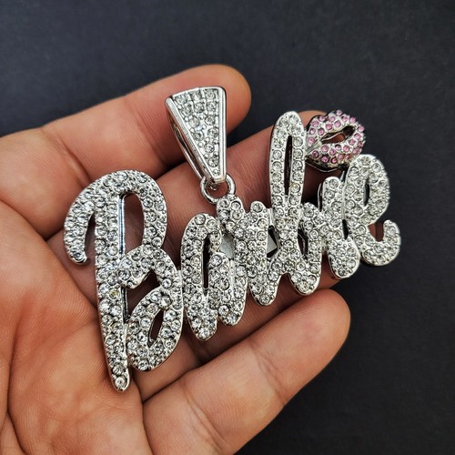 Women Gold Plated Large Barbie Charm & Iced Cubic Zirconia Cuban Chain ...