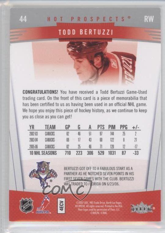 2006-07 Fleer Hot Prospects - Red Hot #44 Todd Bertuzzi /100 (MEM) for ...