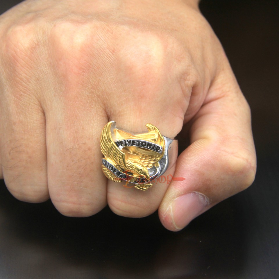 Men's Live to Ride American Eagle Hawk Gold Motorcycle Biker Ring ...