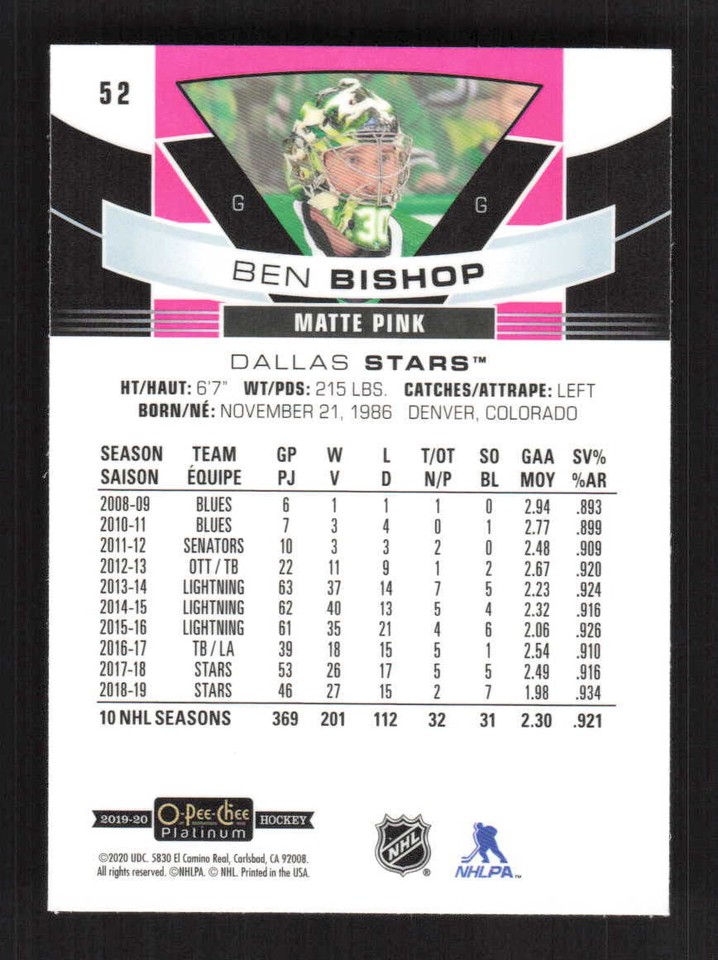Ben Bishop 2019 O-Pee-Chee Platinum Matte Pink Dallas Stars #52 | eBay