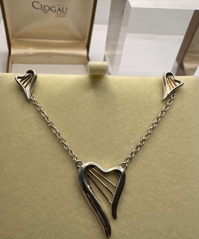 Sterling Silver & 9ct Rose Gold Clogau Welsh Harp Necklace Pendant Set ...