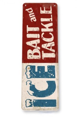 ICE BAIT & TACKLE TIN SIGN FISHING ROD REEL BEER BAIT NET MINNOW BUCKET ...
