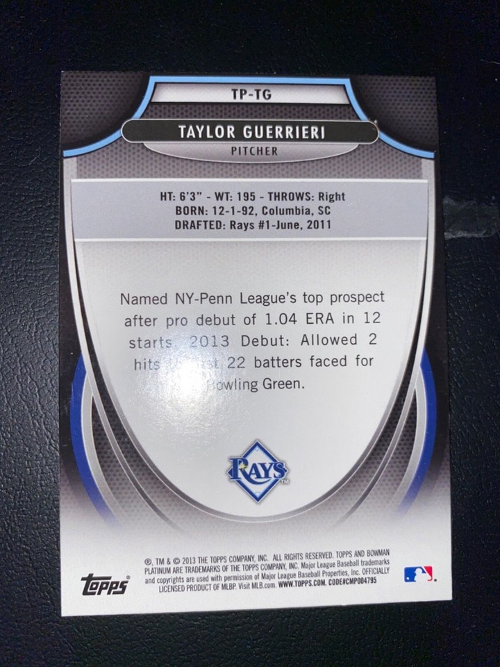 2013 Bowman Platinum Top Prospects Taylor Guerrieri Tampa Bay Rays #TP ...