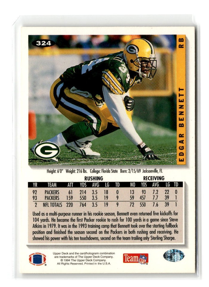 1994-Collector's Choice -#324-Edgar Bennett -Green Bay Packers | eBay