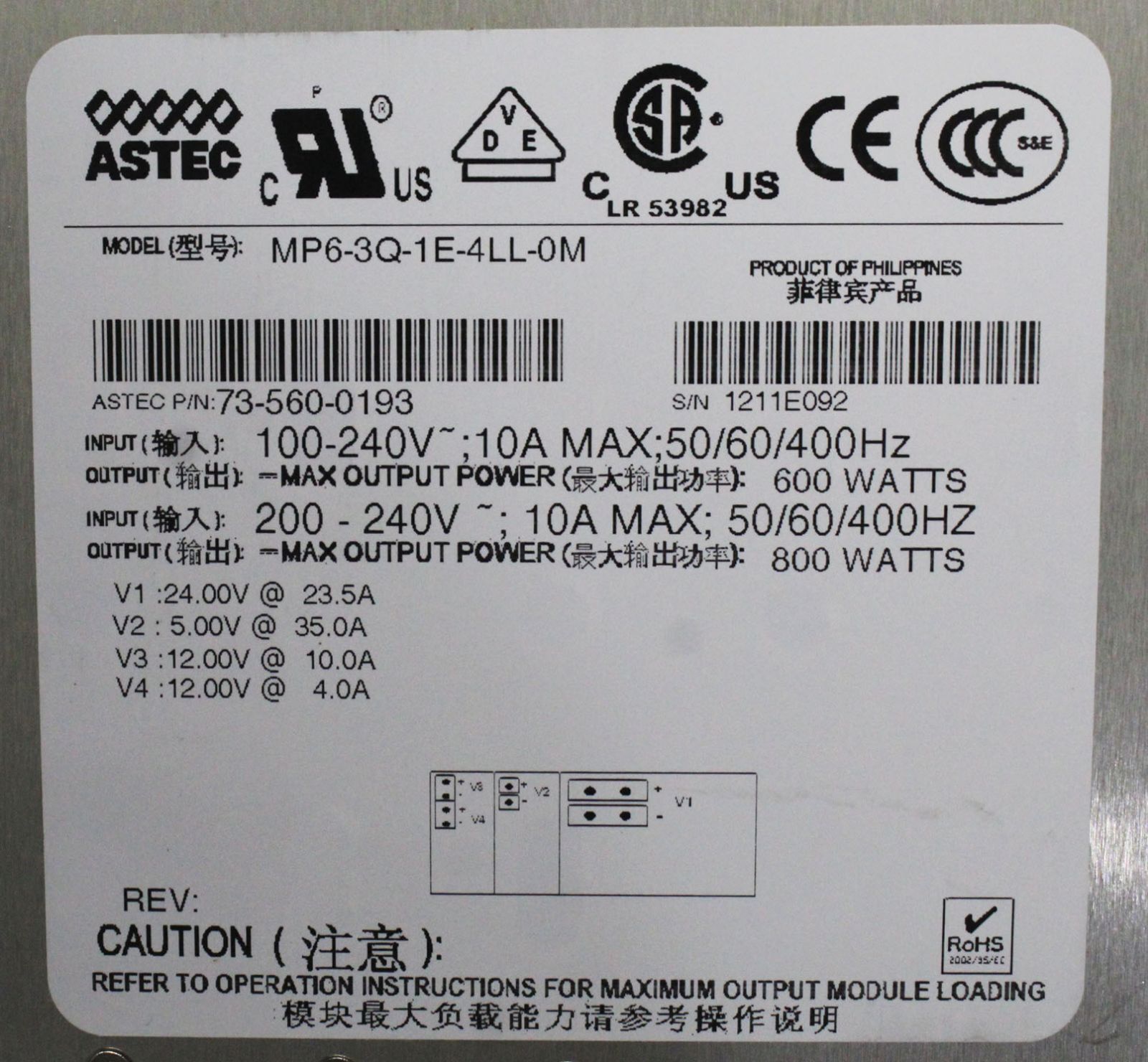 Astec MVP Series MP6-3Q-1E-4LL-0M Power Supply 600W Output p/n: 73-560 ...