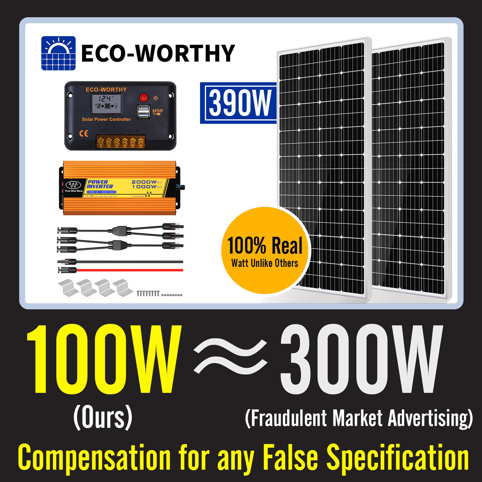 600W Solar Panel Kit 2.4KWh LiFePO4 Battery 1KW 12V Inverter For RV ...