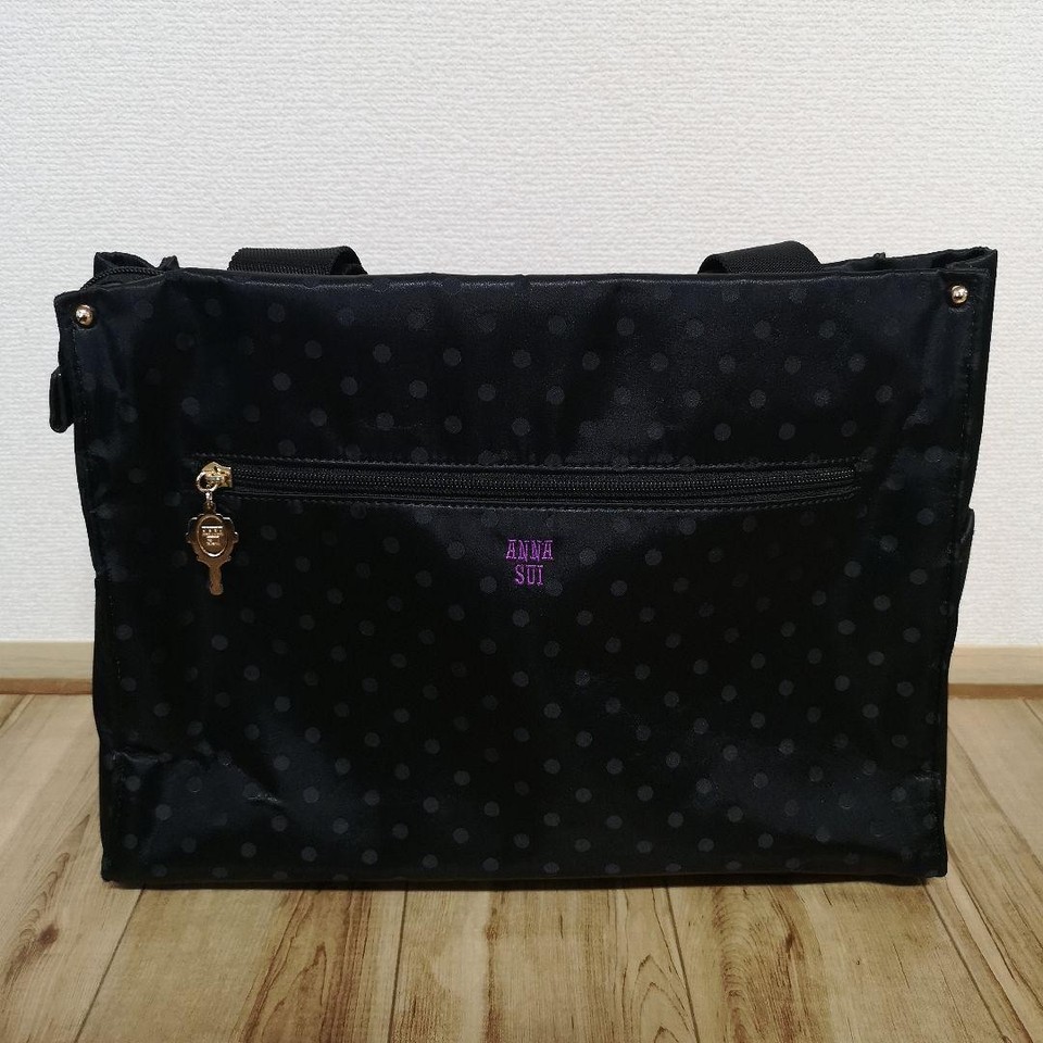 m15S Disney Anna Sui Large Black Tote Bag Logo Print Excellent ...