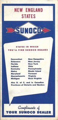 1953 SUNOCO Road Map NEW ENGLAND Massachusetts Connecticut Maine New ...