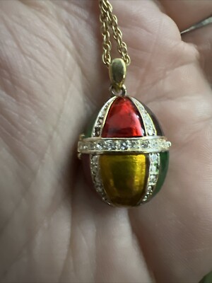 Enamel Egg Locket Multi-Colored Pendant w Clear Crystals on Gold Tone ...