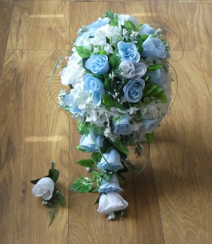 Wedding Bouquet Teardrop Baby Blue Roses Buttonhole Silk Artificial ...