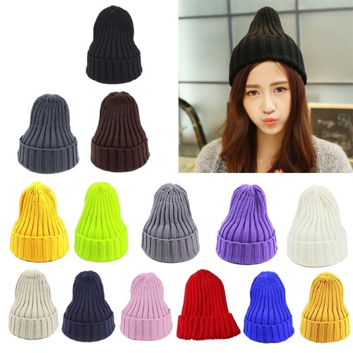 Unisex Winter Ribbed Knit Pointed Hat Solid Color Cuffed Skull | eBay