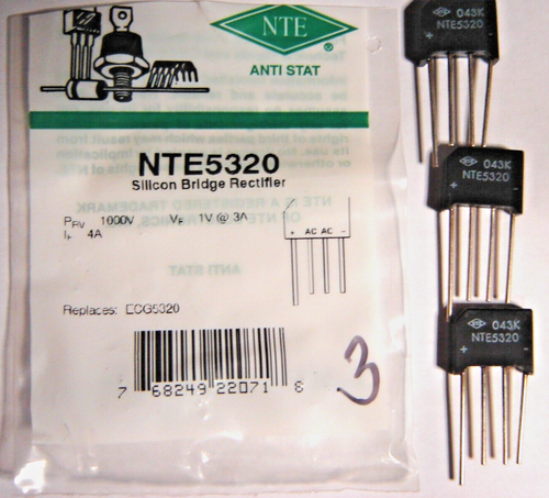 pack of 3 NTE5320 Silicon Bridge Rectifier 1000V 4 A Single Phase Full ...