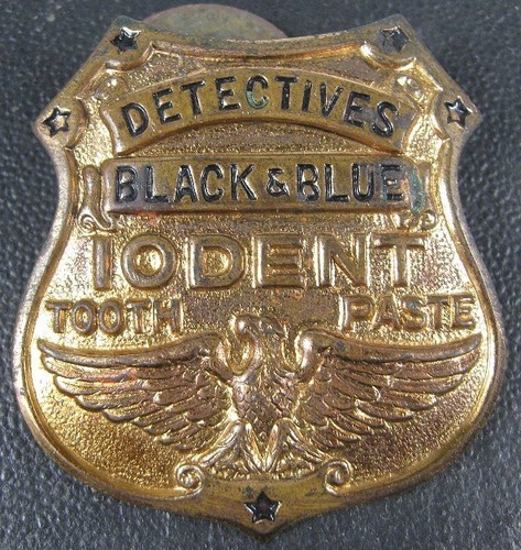 Vintage 1930's Metal Detective Black & Blue Iodent Toothpaste Badge Pin ...