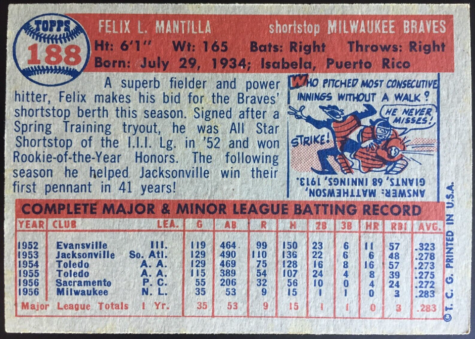 1957 Topps #188 FELIX MANTILLA Milwaukee Braves MLB baseball card EX+ ...