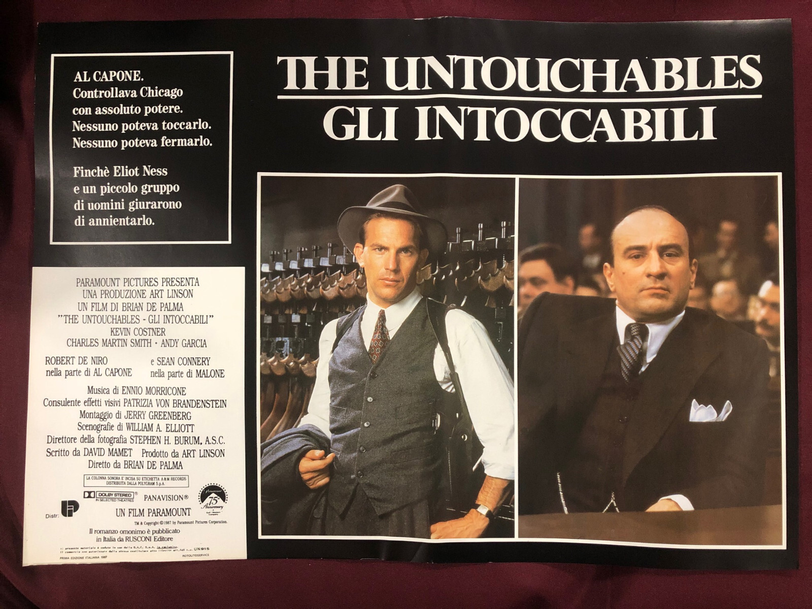 UNTOUCHABLES MOVIE POSTER ITALIAN 1987 KEVIN COSTNER ROBERT DI NERO 2 ...