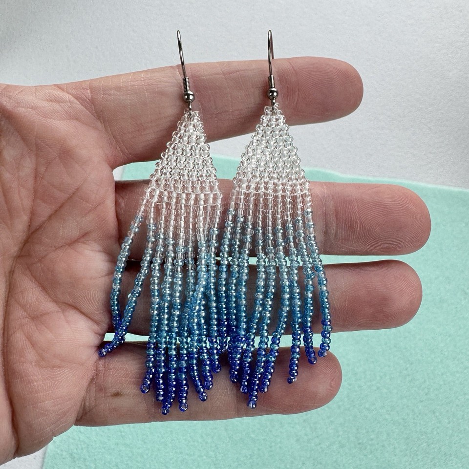 Handmade Beaded Fringe Earrings Blue Ombre Boho Dangle 3.5” | eBay