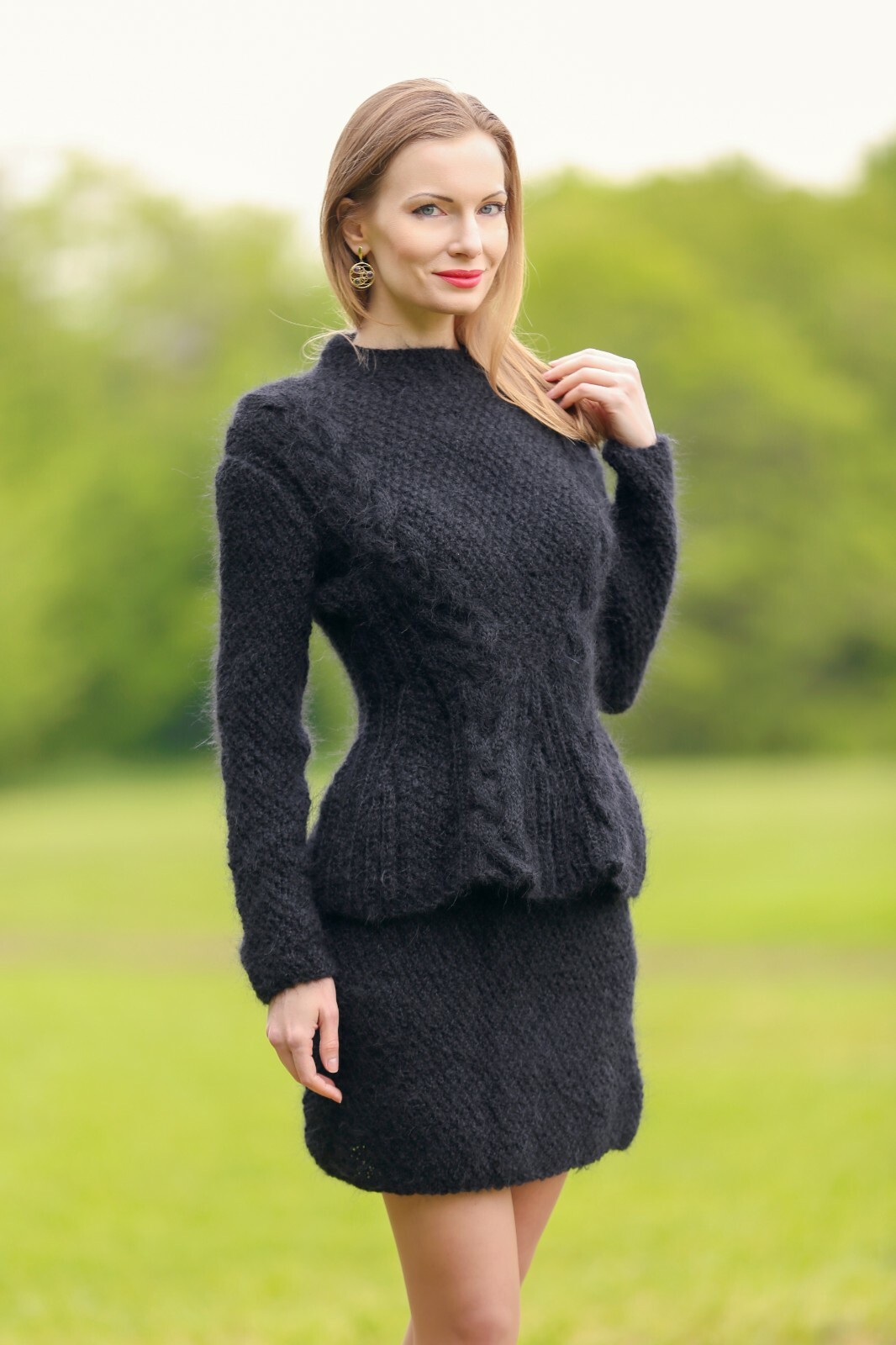Elegant mohair sweater and skirt hand knitted stylish set fuzzy suit ...