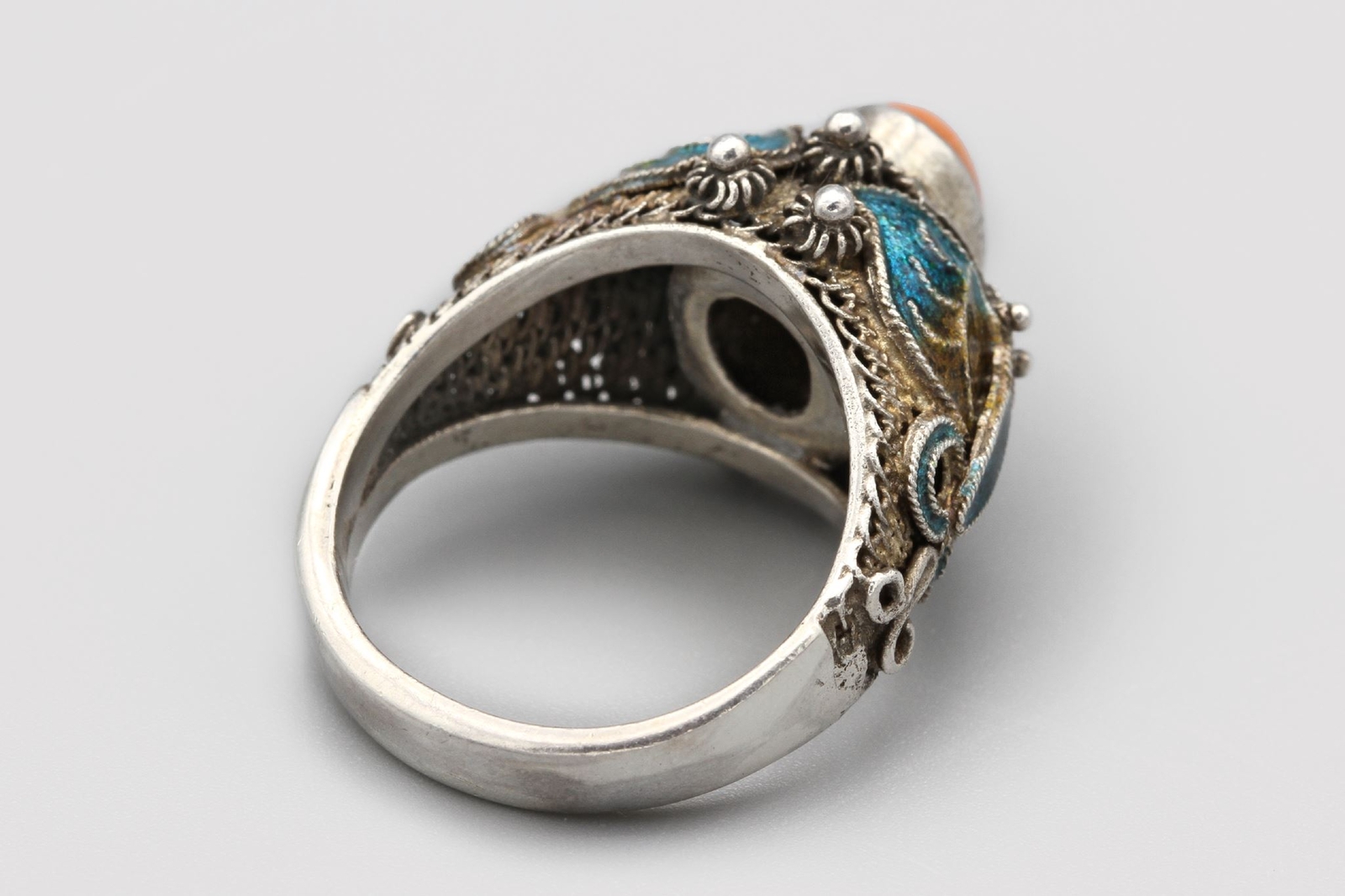 Chinese Export Coral Ring Size 6, Blue Enamel Butterfly Ring, 925 ...